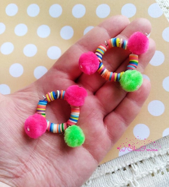 Rainbow Pom Pom Hoop Earrings Clay Bead Earrings Silver Wire Hoop Earrings Colorful Earrings Whimscial Earrings Pom Pom Earrings Etsy
