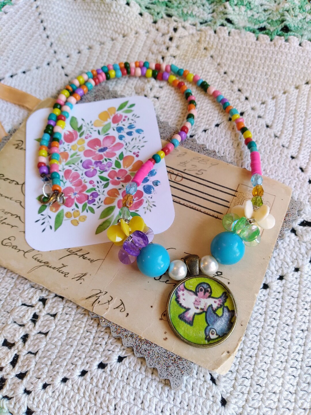 Seed Beaded Necklace Bird Pendant / Whimsycore / Colorful Jewelry ...