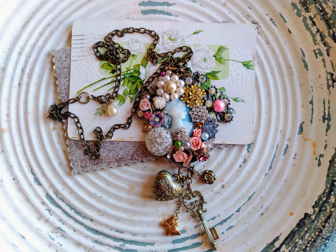 Cottagecore Collage Bauble Floral Cameo Necklace / Heart, Key ...