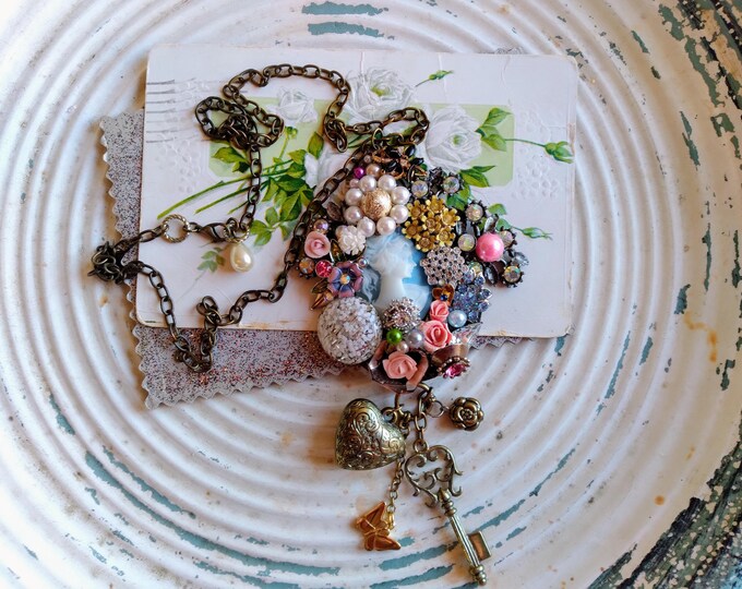 Cottagecore Collage Bauble Floral Cameo Necklace / Heart, Key ...