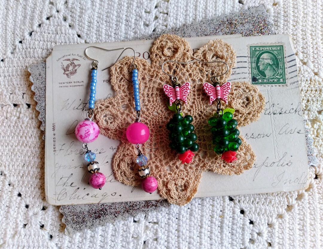 Mismatch Beaded Dangle Earring Set: Butterfly & Repurposed Beads - Etsy
