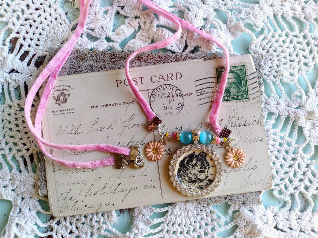 Homespun Storybook Cat Rhinestone Pendant Daisy Charms Pink Fabric ...