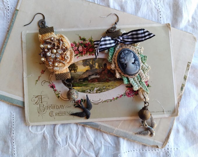 Mismatch Embellished Crochet Earrings / Bird Charms Cameo / Shabby Chic ...