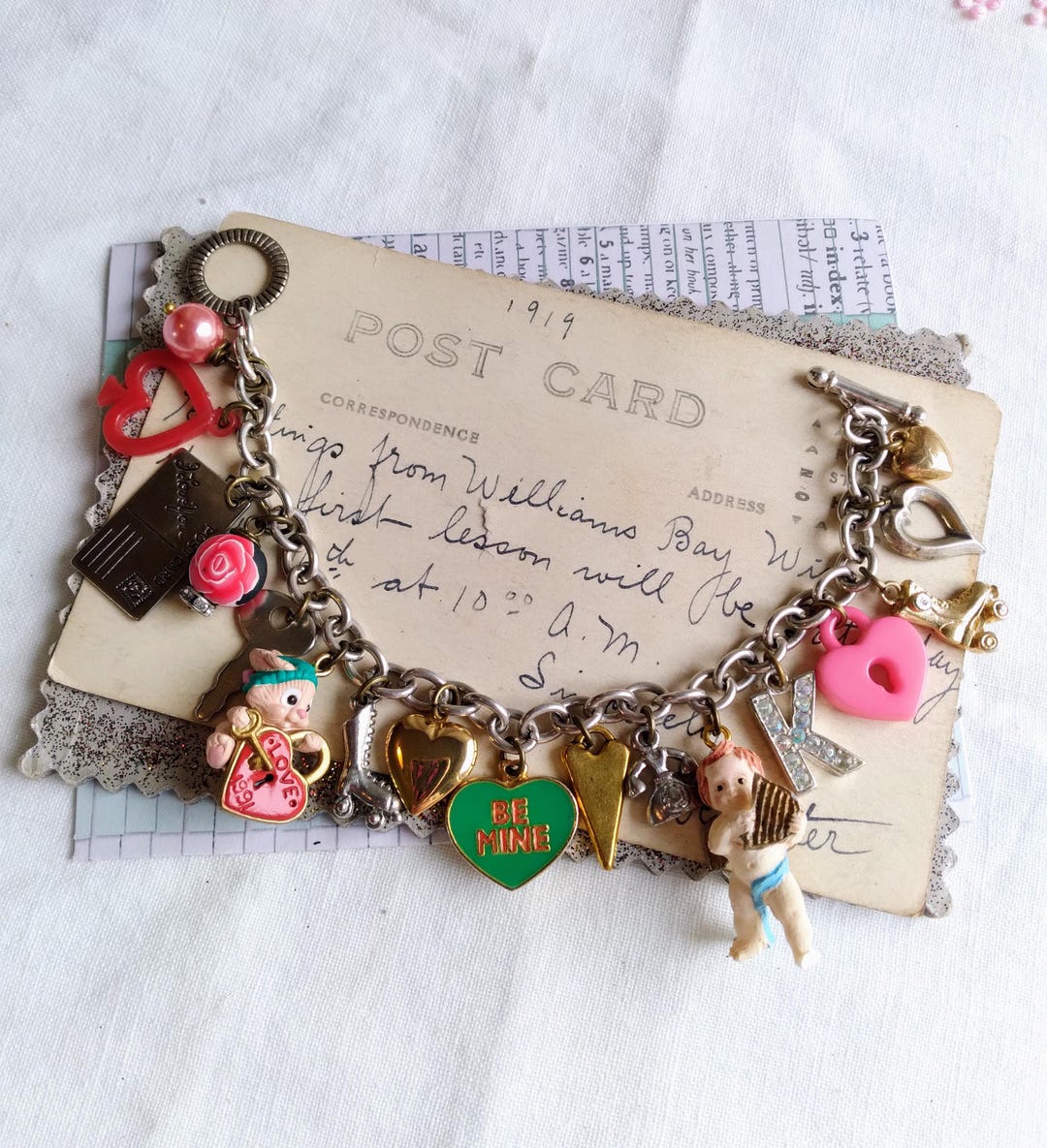 Mismatch Valentine's Charm Bracelet / Hearts, Kiss, Rose, Love Letter ...