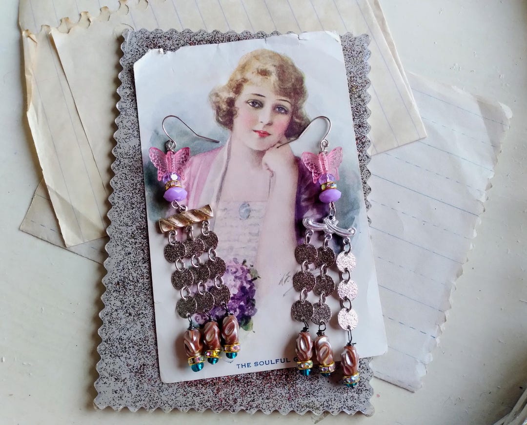 Pink Butterfly Beaded Metallic Disc Drop Dangle Earrings / Cottagecore ...