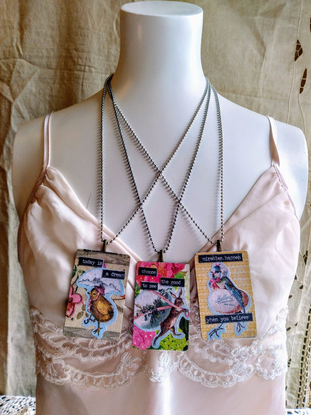 Easter Wood Tag Pendant Necklace With Ball Chain / Easter Bunny, Chick ...