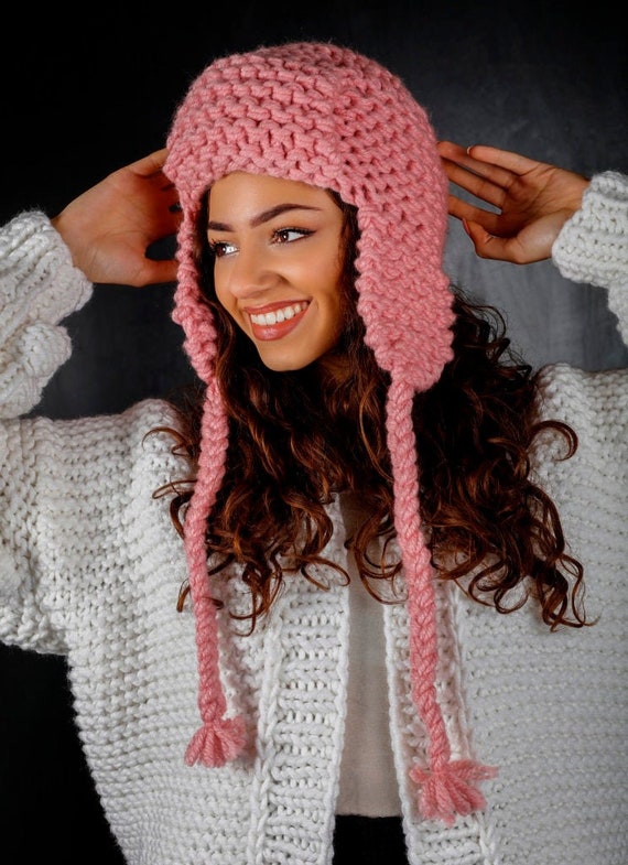 Chunky Knit Trapper Hat Pink Aviator Pilot Hat Shearling - Etsy Canada