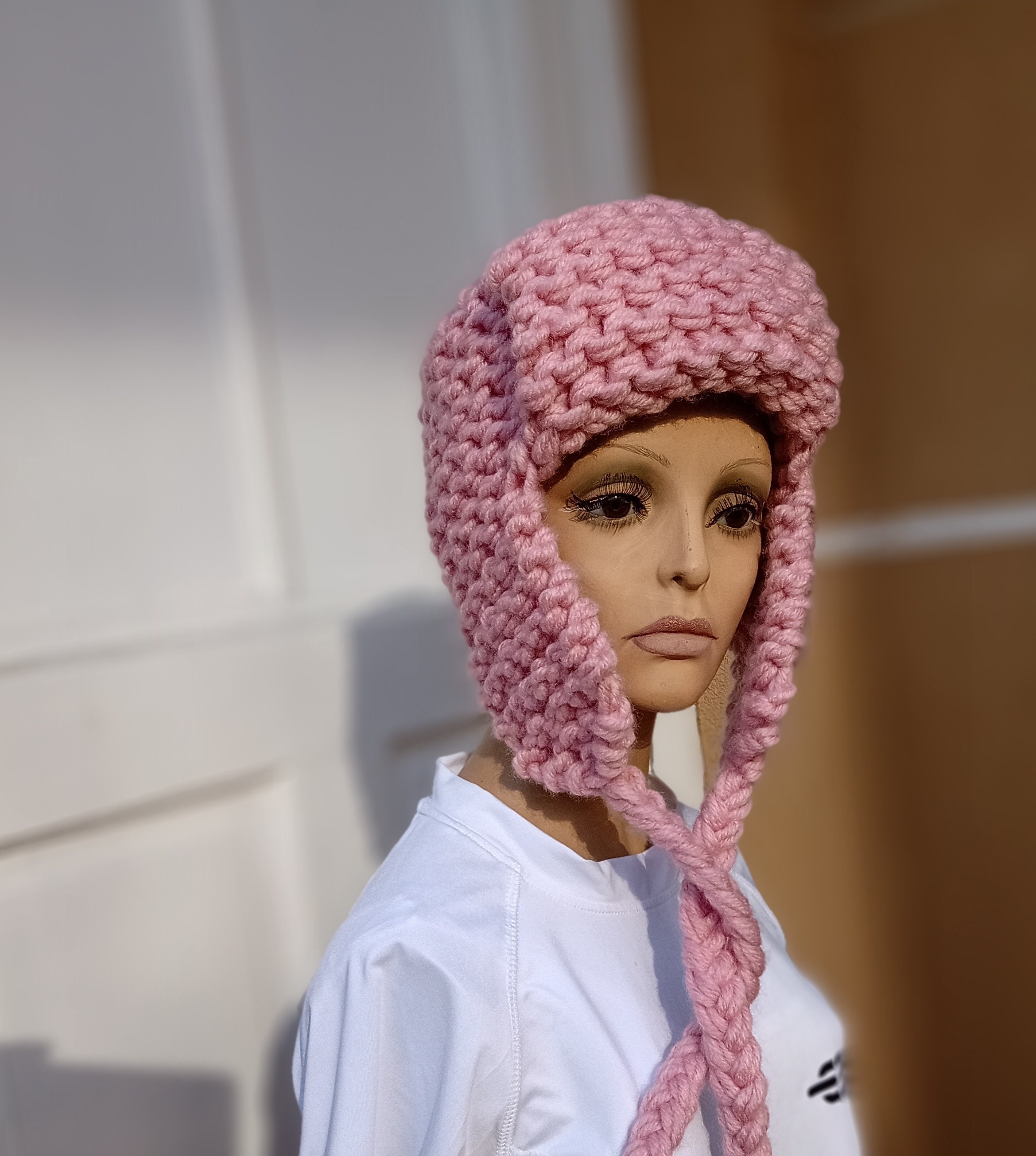 Chunky Knit Trapper Hat Pink Aviator Pilot Hat Shearling Trapper Hat ...