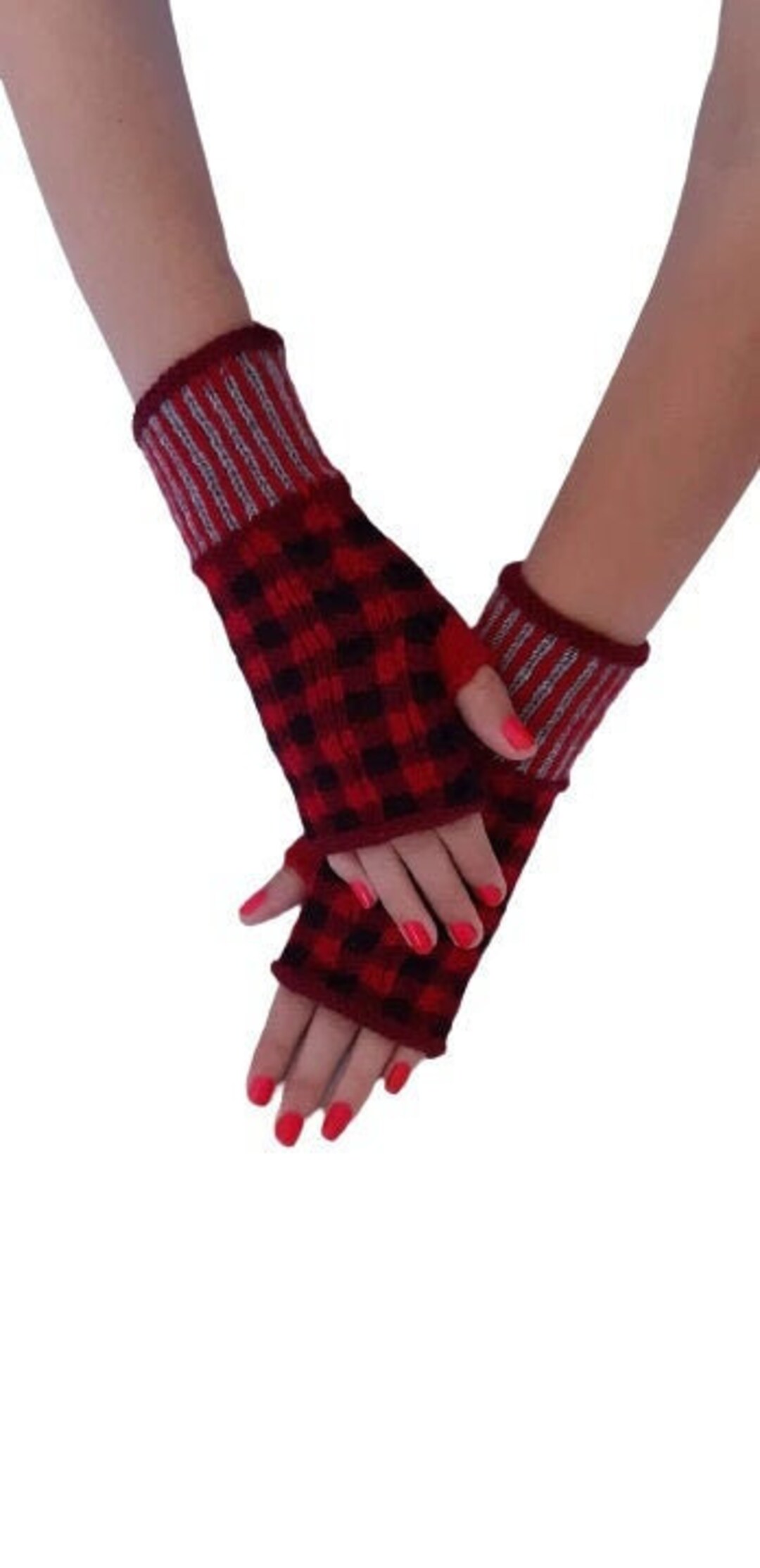 Knitted Mittens Plaid, Red Girl Gloves, Buffalo Check, Red and Black ...