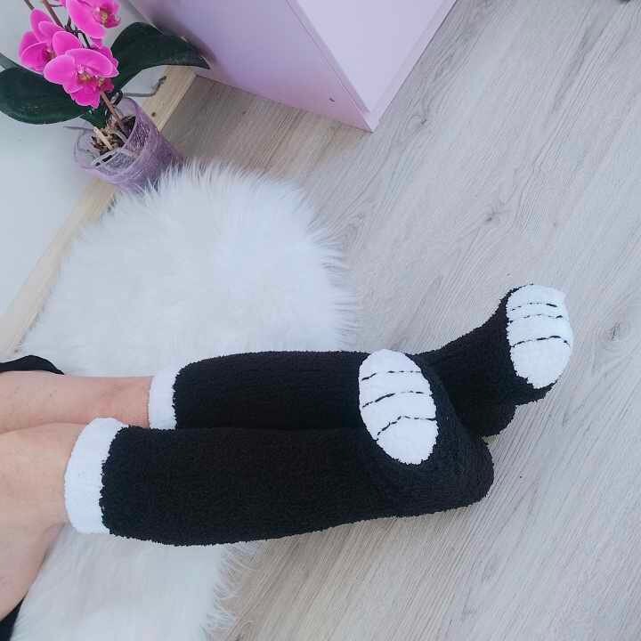 Paw Cat Knitted Socks, Black Paw Cat, Thigh High Plush Socks, Fuzzy Paw ...