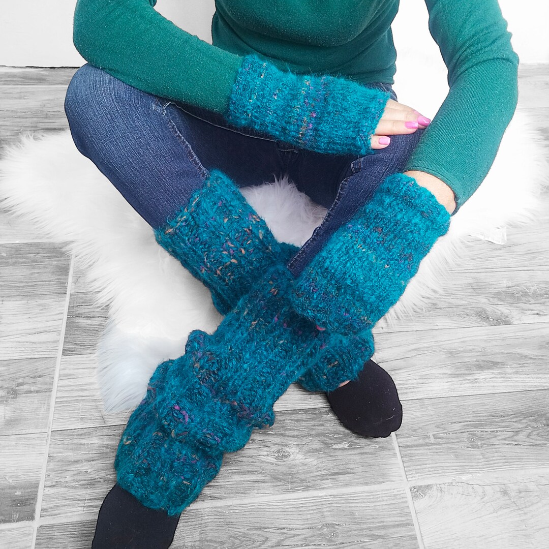 Mohair Leg Warmers and Mittens Set, Turquoise Chunky Warmers, Mohair ...