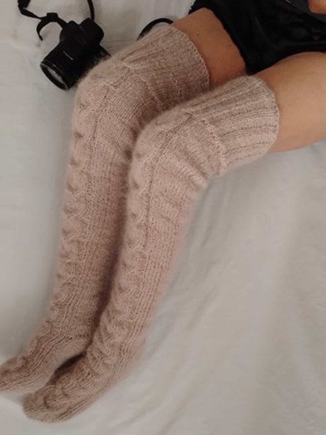 Fuzzy Thigh High Socks, Beige Knitted Long Socks, Sexy Stockings, Plus ...