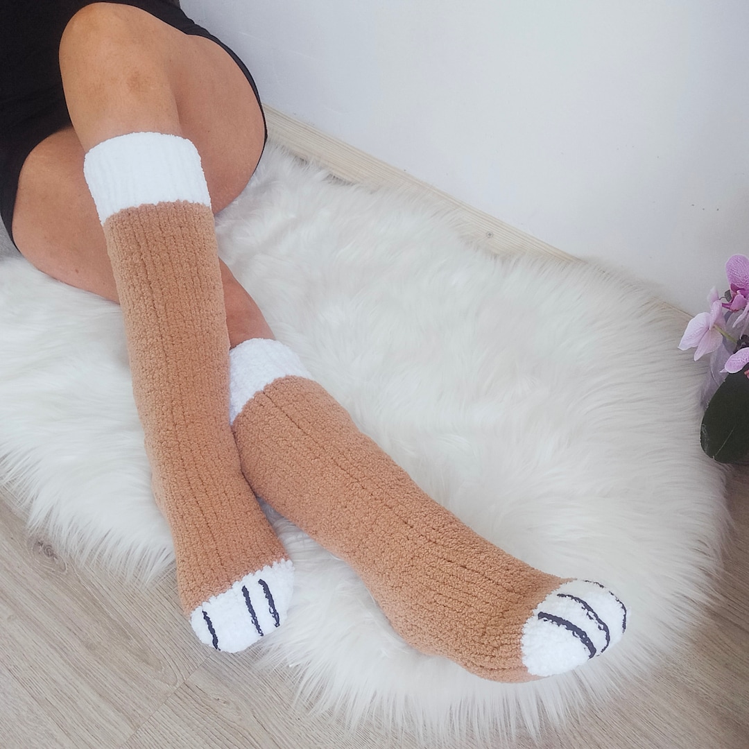 Paws Knee Socks, Knitted Cat Paw Long Socks, Beige Paw Cat, Thigh High Plush Socks, Fuzzy Paw ...
