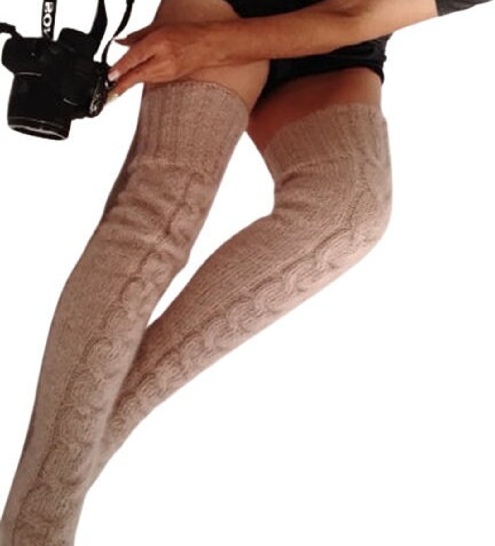 Fuzzy Thigh High Socks, Beige Knitted Long Socks, Sexy Stockings, Plus ...