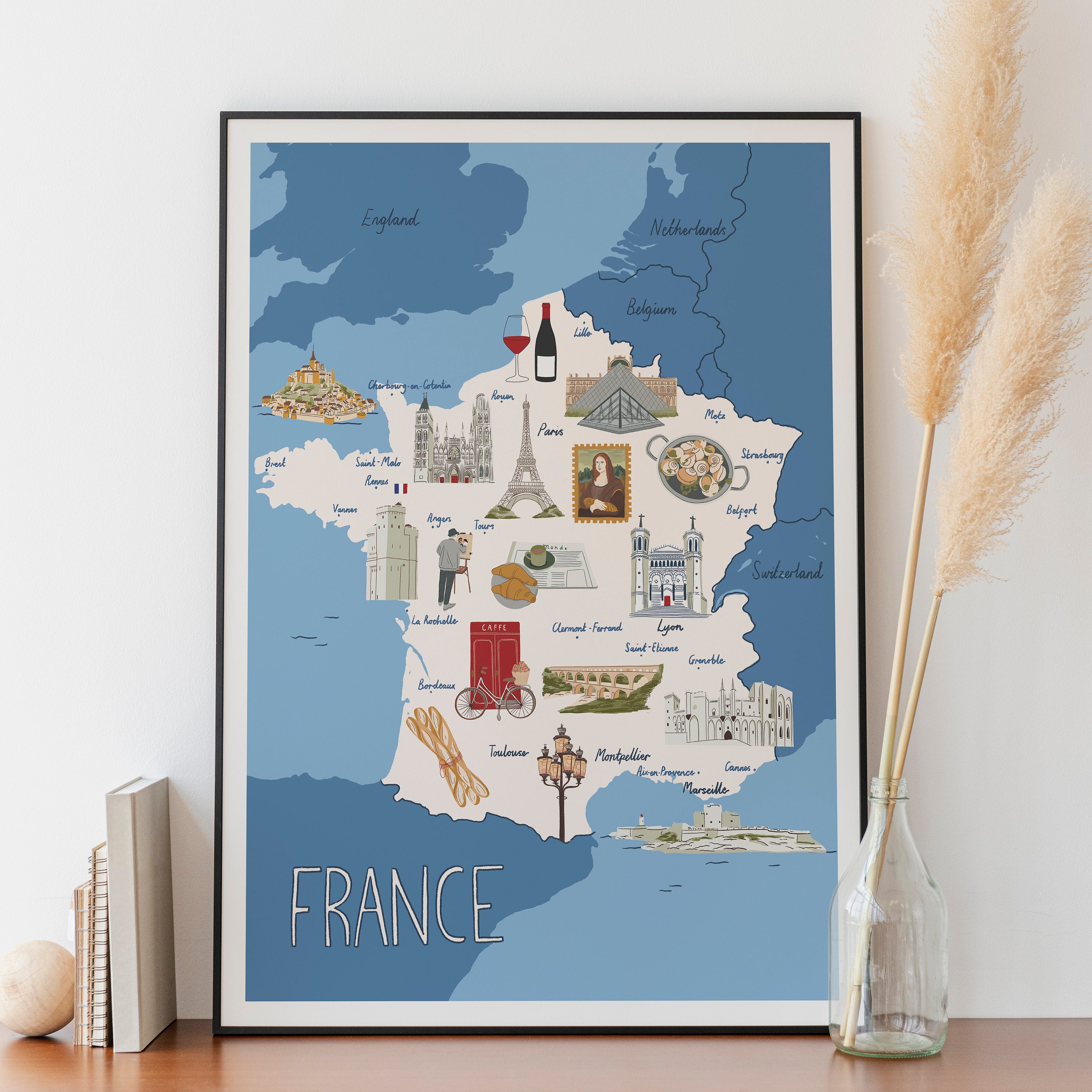 France Illustrated Map, Paris Travel Print, Mona Lisa, Wall Art A3, A4 ...