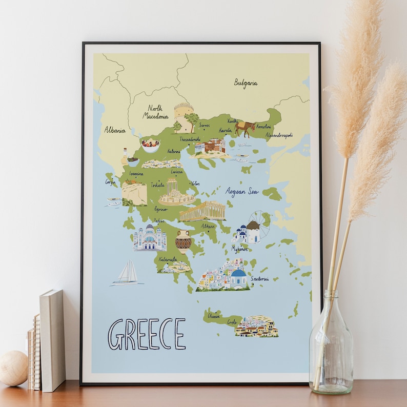Greece Illustrated Map Art Print: Mediterranean Home Decor - Etsy