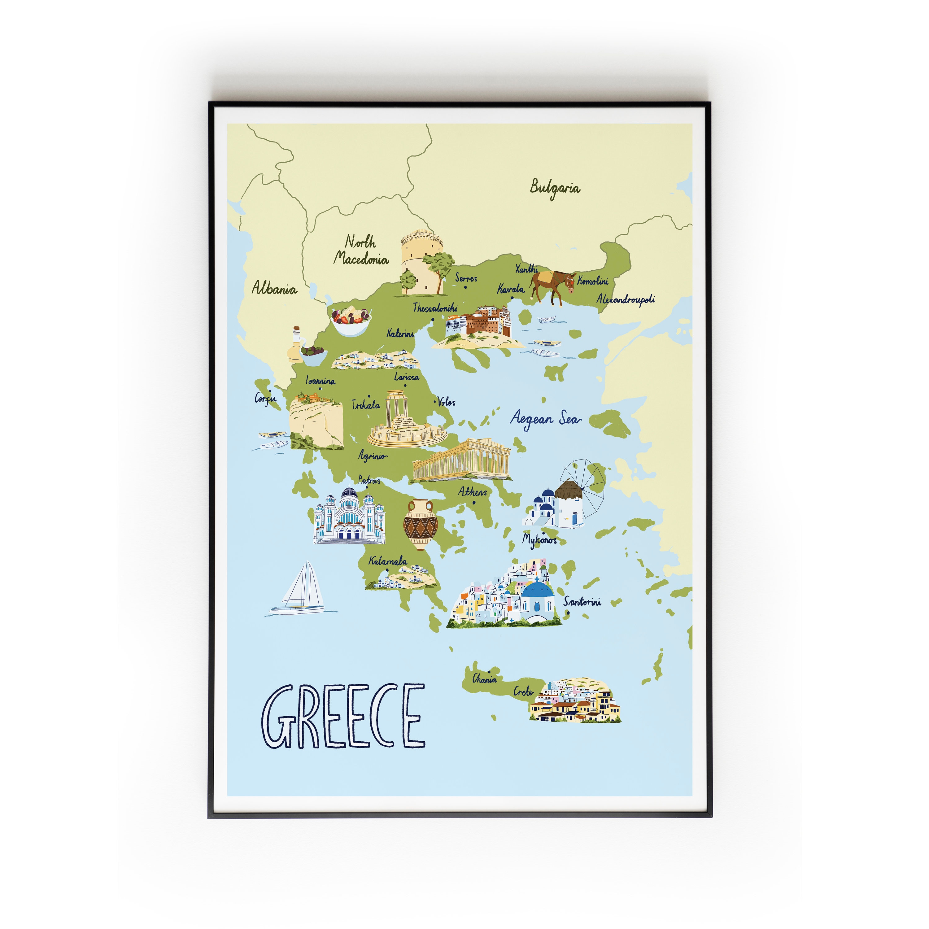 Greece Illustrated Map, Greece Map Art Print Gift, Wall Art A4, A3, Map ...