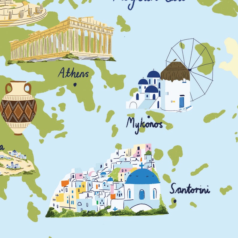 Greece Illustrated Map Art Print: Mediterranean Home Decor - Etsy