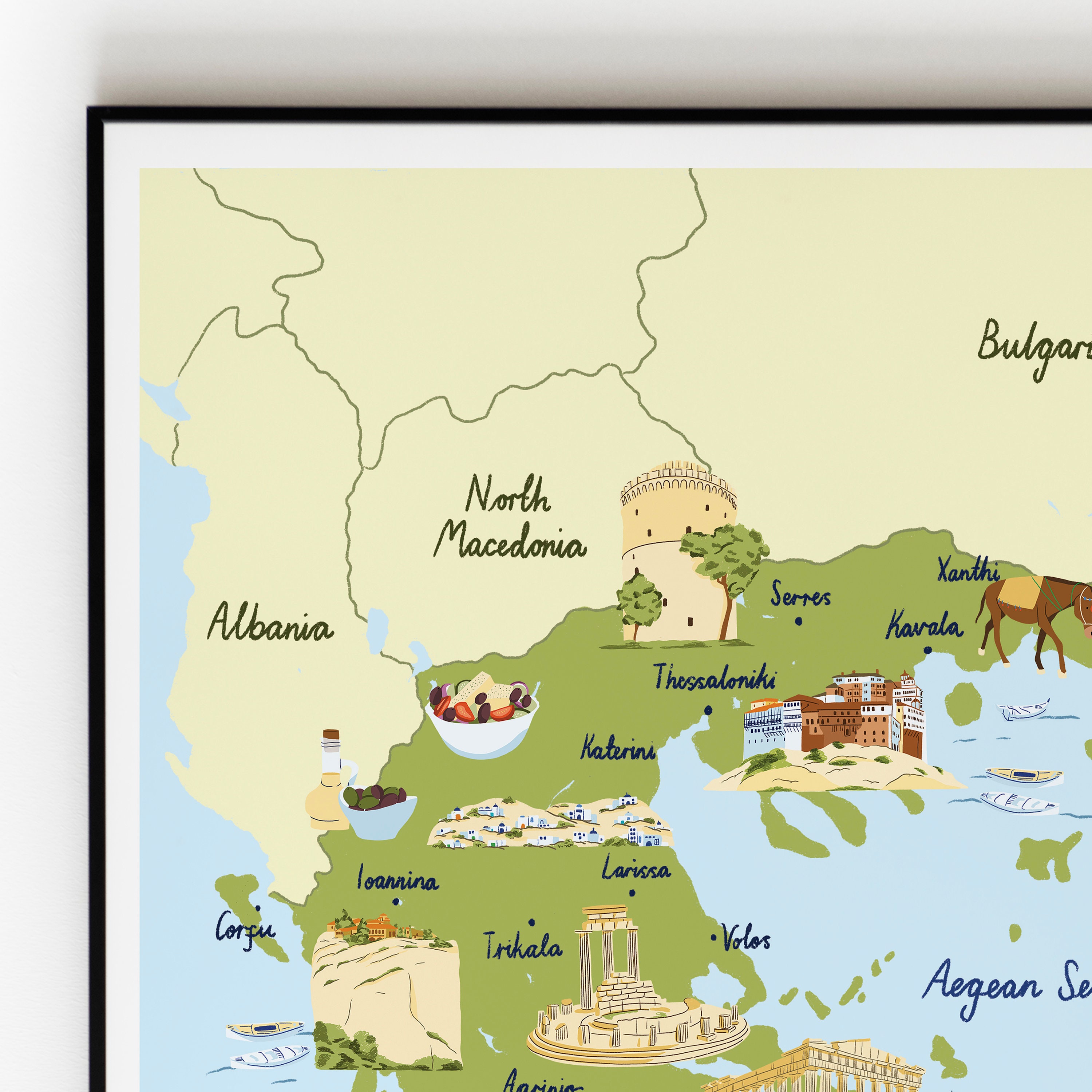 Greece Illustrated Map, Greece Map Art Print Gift, Wall Art A4, A3, Map ...