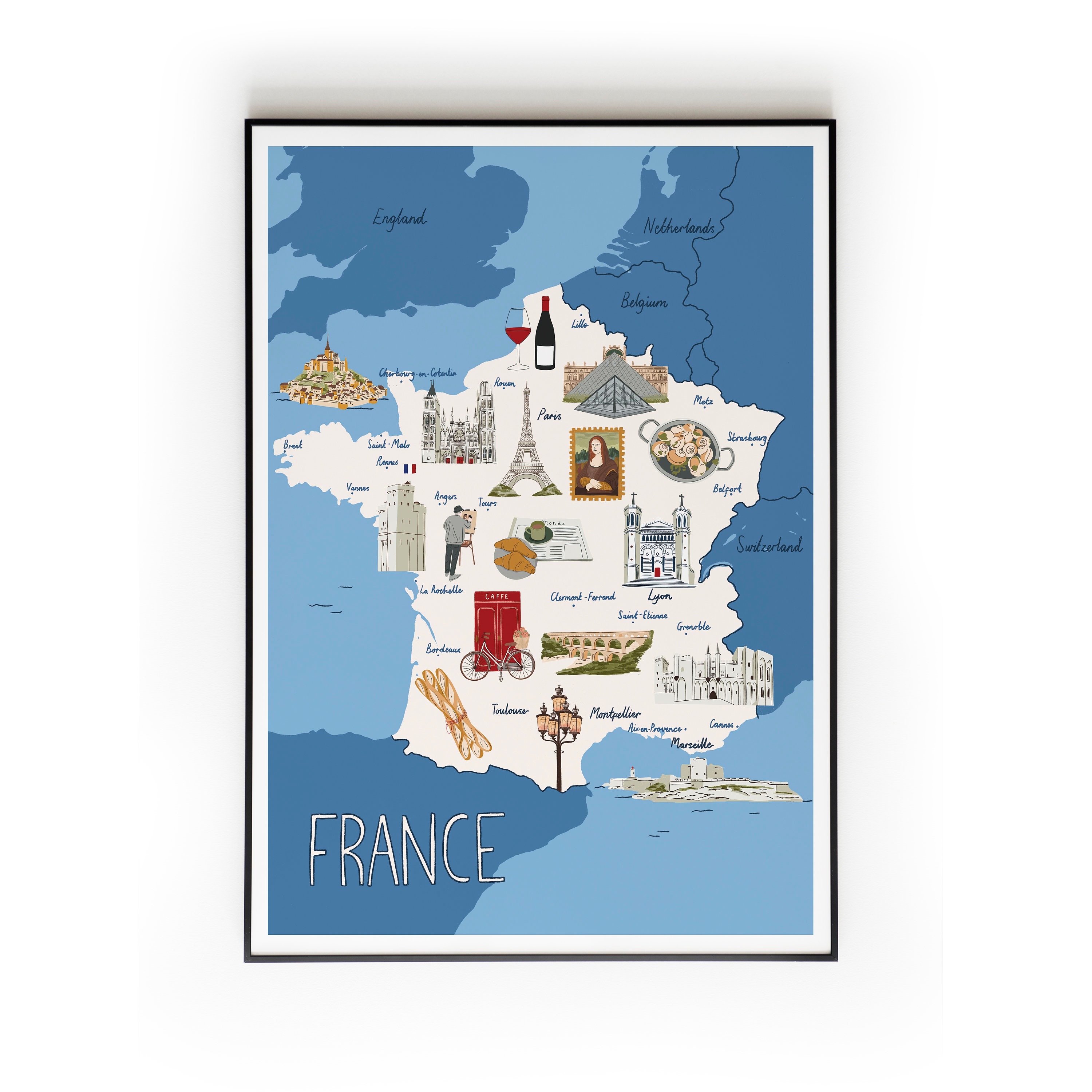 France Illustrated Map, Paris Travel Print, Mona Lisa, Wall Art A3, A4 ...