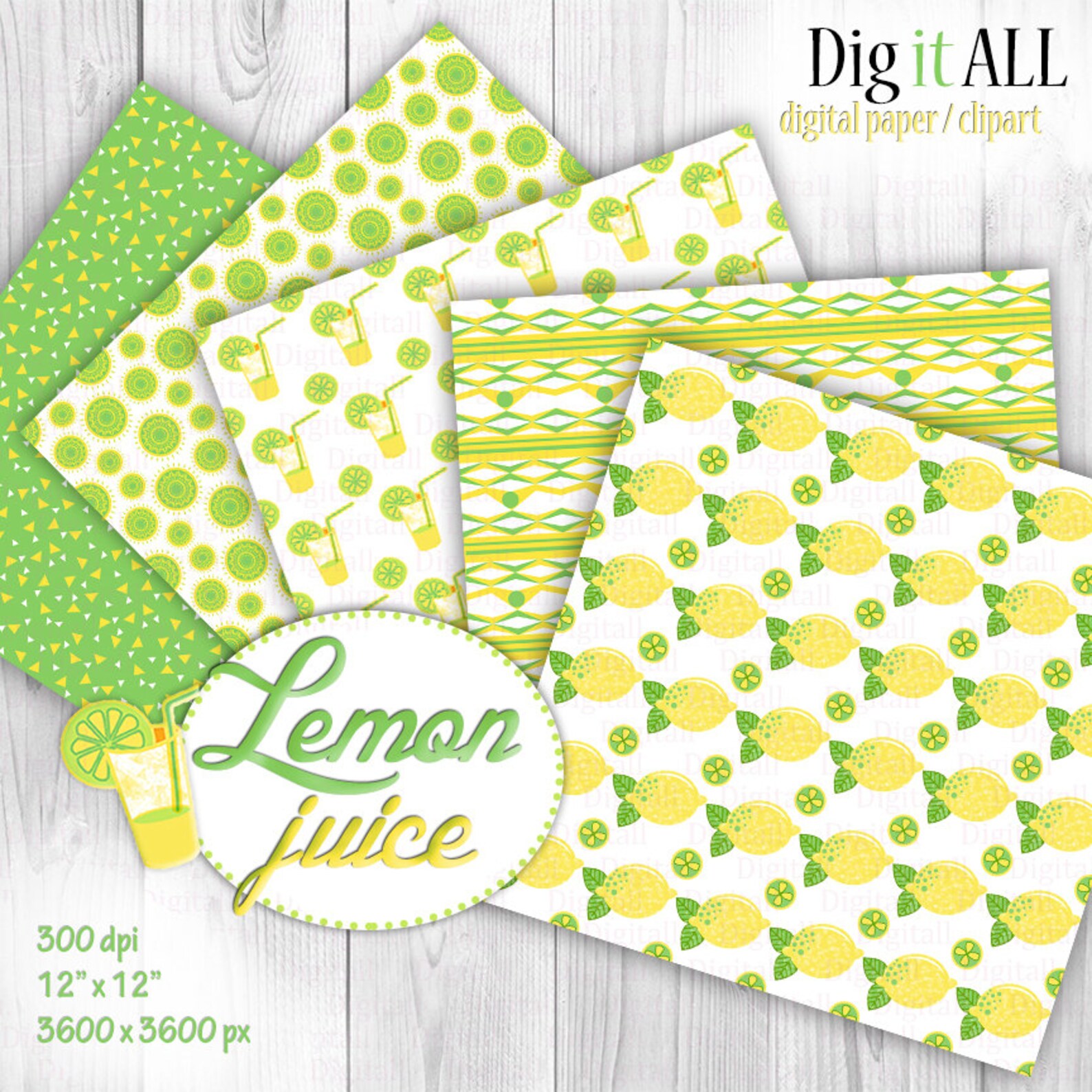 Lemon Lime Party Digital Paper Pattern Pack Lemonade Wrapping Paper ...
