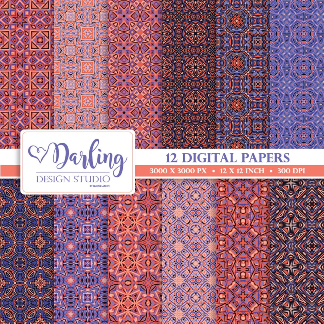 Purple Digital Paper Orange Mosaic Pattern Paper Geometric Scrapbook ...
