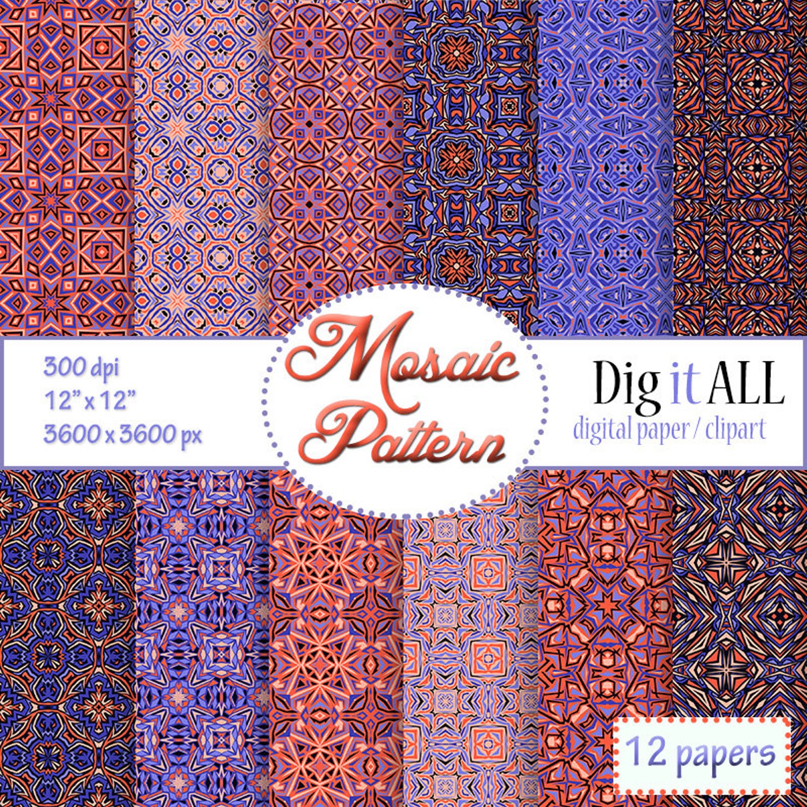 Purple Digital Paper Orange Mosaic Pattern Paper Geometric Scrapbook ...