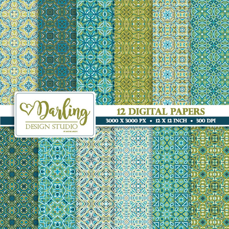 Digital Paper Moroccan Instant Download Mosaic Pattern Green Blue ...