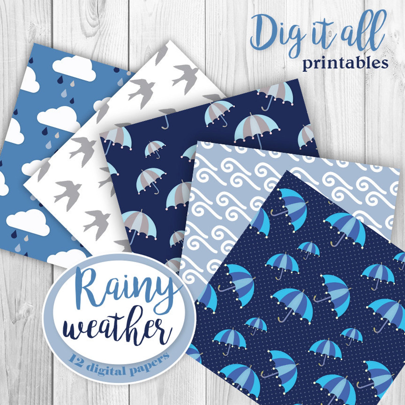 Rainy Weather Digital Paper Pack Umbrella Paper Spring Background Paper ...