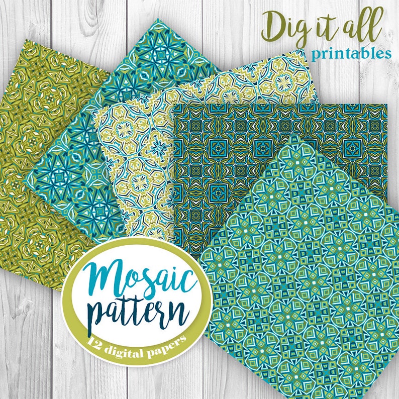 Digital Paper Moroccan Instant Download Mosaic Pattern Green Blue ...