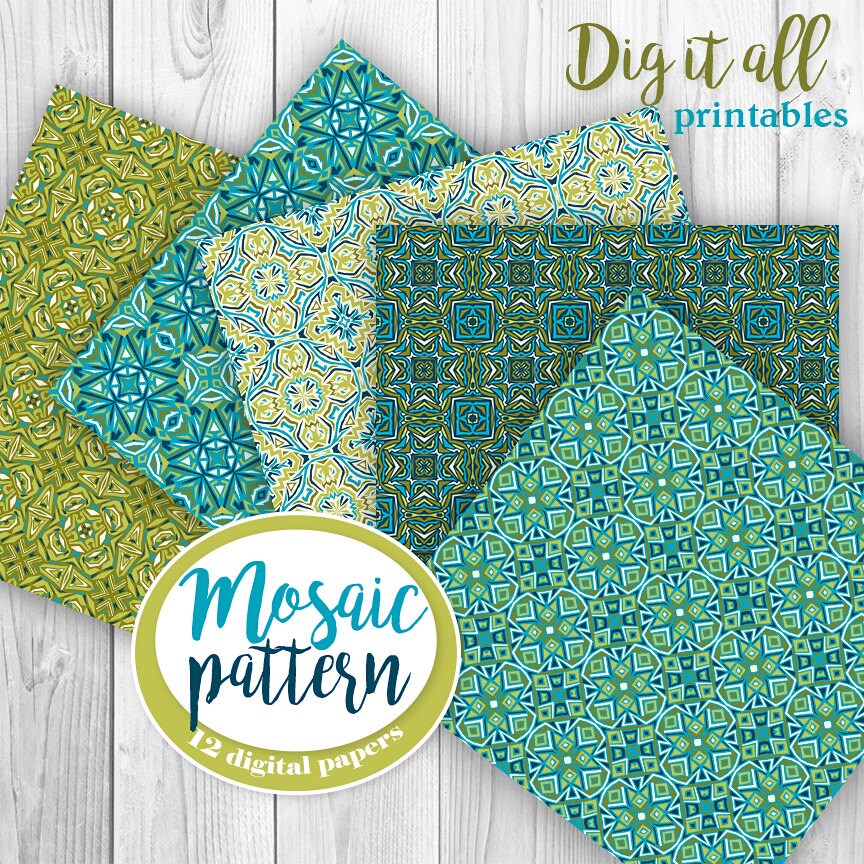 Digital Paper Moroccan Instant Download Mosaic Pattern Green Blue ...