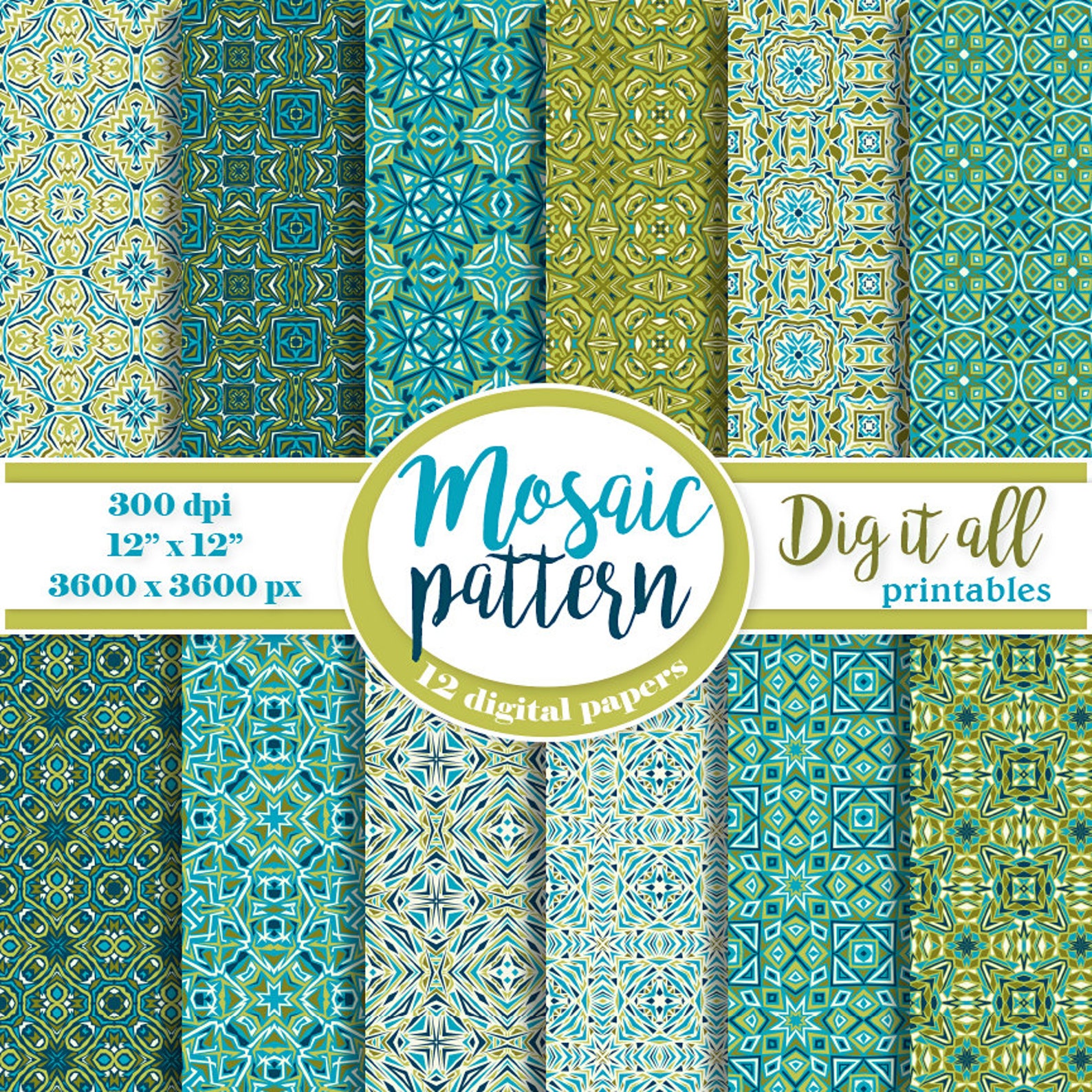 Digital Paper Moroccan Instant Download Mosaic Pattern Green Blue ...