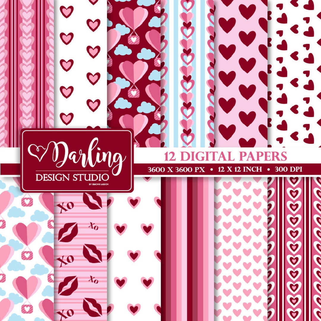 Valentines Day Digital Paper, Red Hearts Scrapbook Paper, Pink Seamless ...