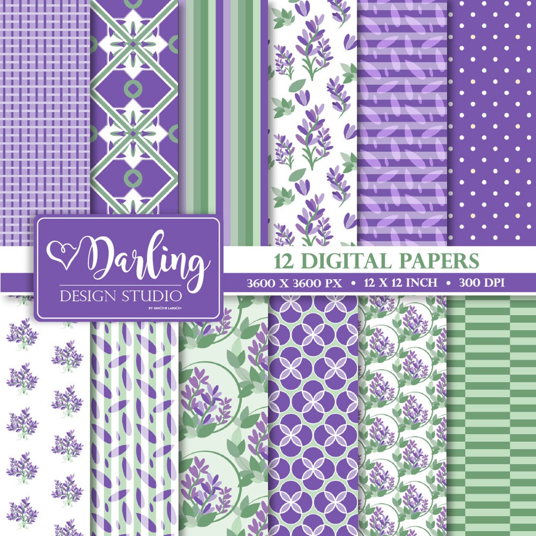 Lavender Digital Paper, Flower Scrapbook Paper, Green Seamless Pattern ...