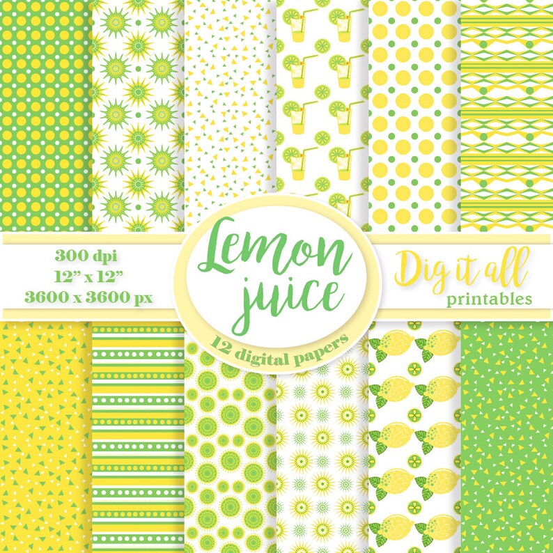 Lemon Lime Party Digital Paper Pattern Pack Lemonade Wrapping Paper ...
