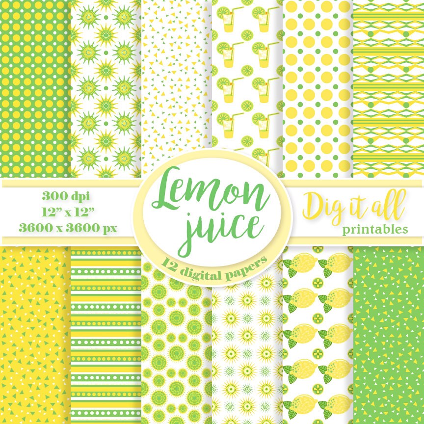 Lemon Lime Party Digital Paper Pattern Pack Lemonade Wrapping Paper ...