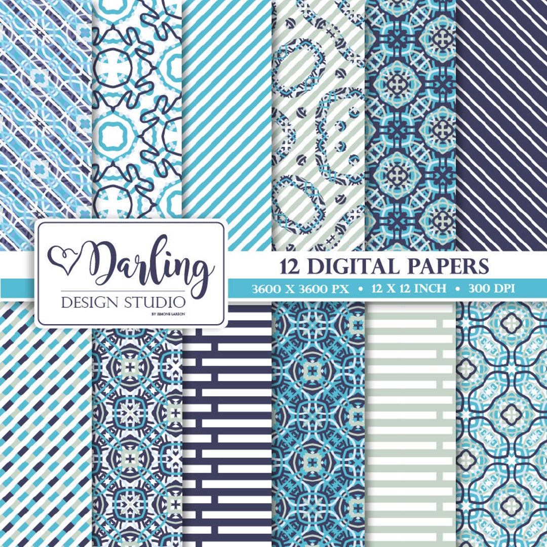 Blue Digital Paper, Stripes Seamless Pattern, Geometric Scrapbook Paper ...