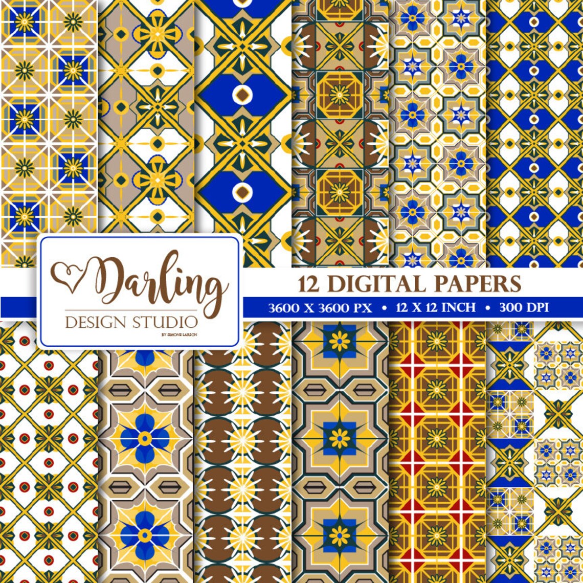 Oriental Digital Paper Pack, Gold Tile Patterns, Moroccan Digital Paper ...