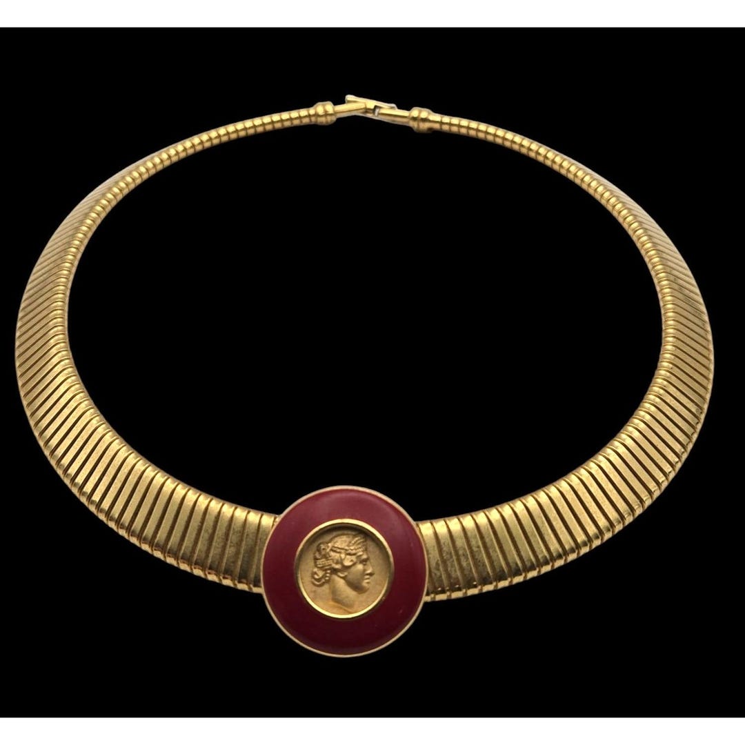 Vtg Monet Greek Couture Omega Red Medallion Gold Tone Choker Necklace ...