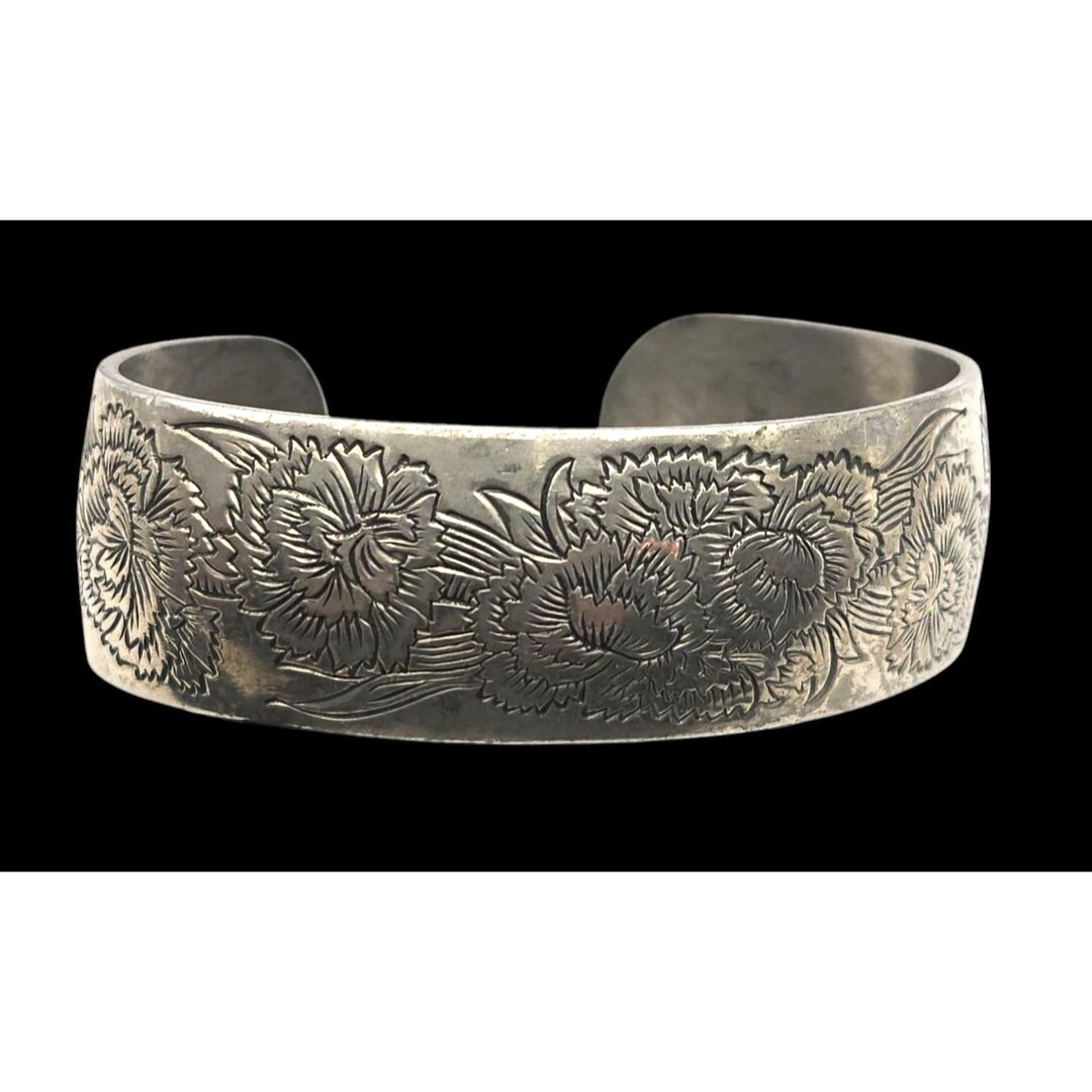 Vintage Kirk Pewter Carnation Pattern Cuff Bracelet Floral Design Oval ...