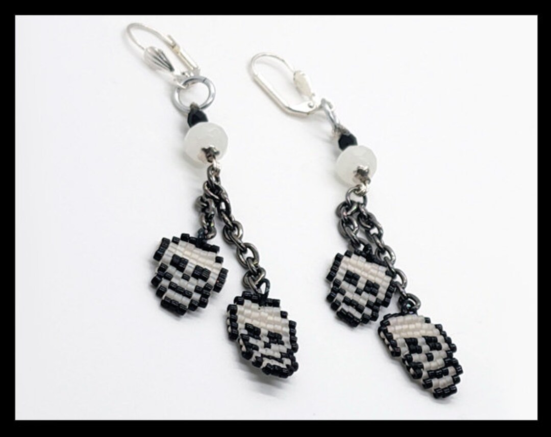 Seed Bead Skull Earrings With Gunmetal Plated Chains and Silver Accents ...