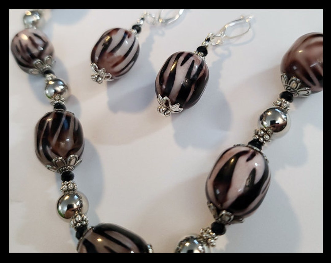 Zebra Pattern Resin Bead Necklace and Earrings: Swarovski Crystals ...