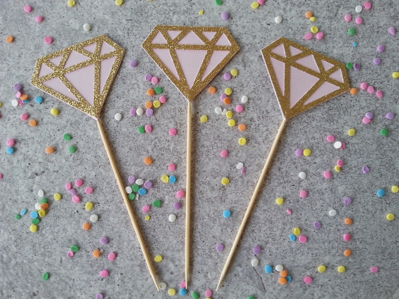 12 Gold Glitter and Pink Diamond Double Sided Cupcake Pick - Etsy