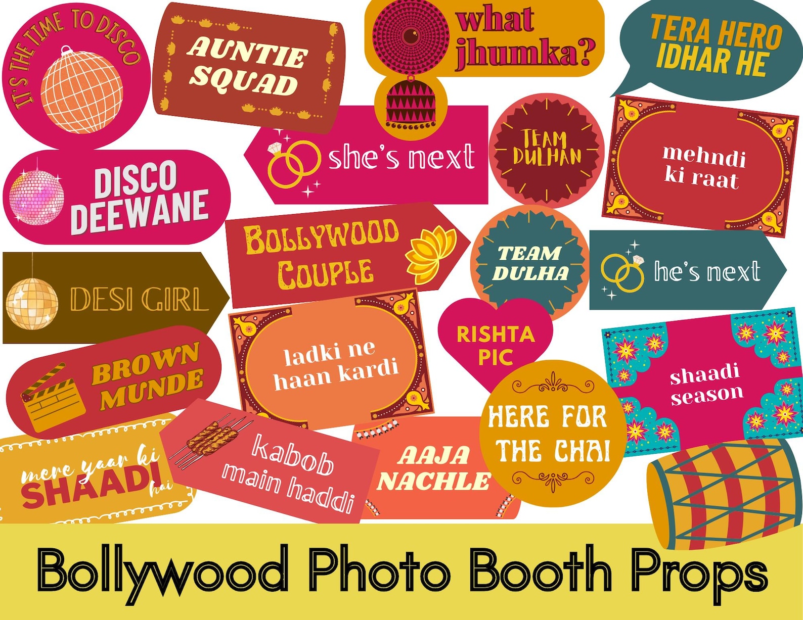 Desi Bollywood Wedding Photobooth Props PDF Print | Indian Wedding, Dholki, Disco Sangeet ...