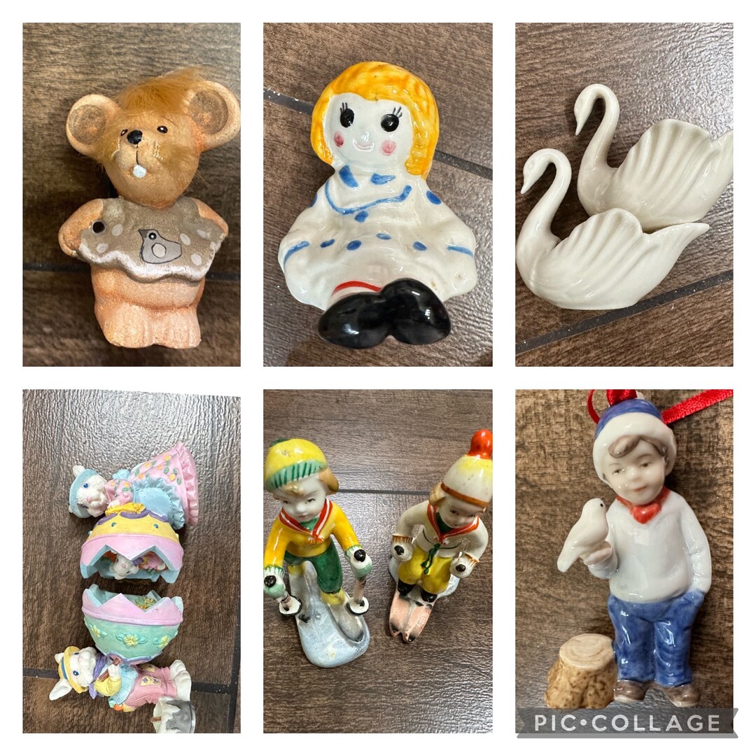 Mini figuras antiguas: figura de ratón, niño con un pájaro, cisnes ...