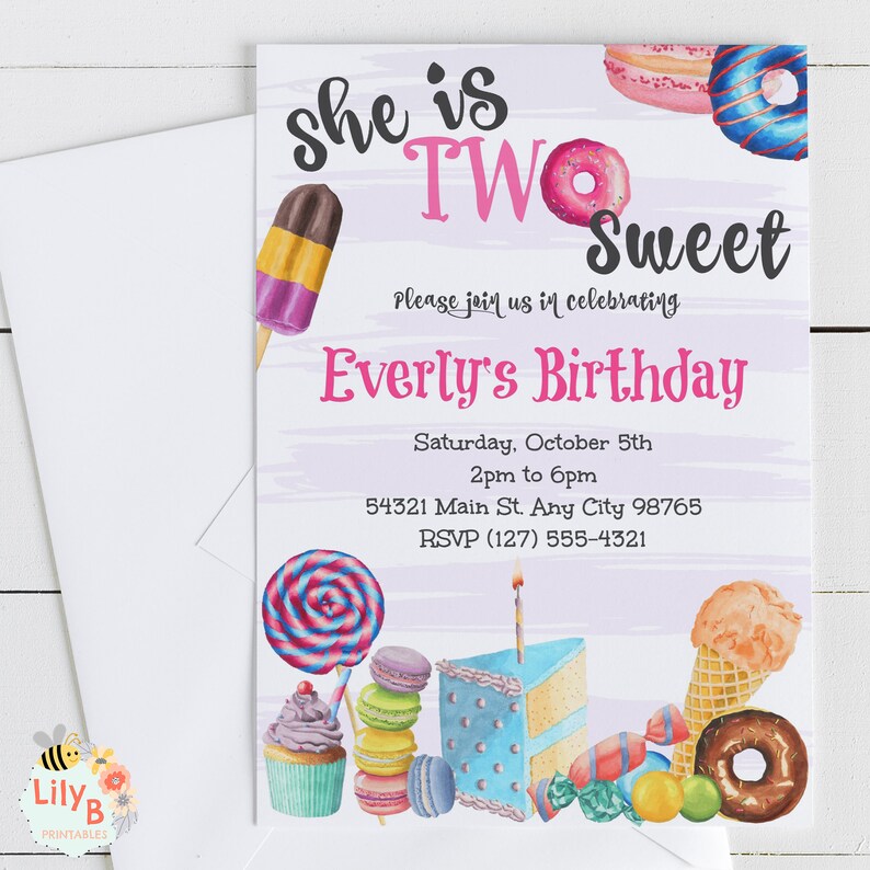 TWO Sweet Birthday Digital, Printable and Custom Invite, Instant ...