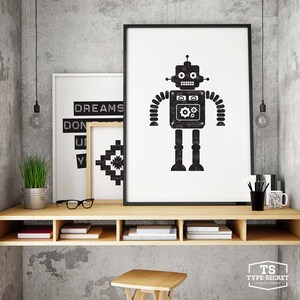 Robot Print, Cute Robot, Black and White, Robot Art, Boys Room Decor ...