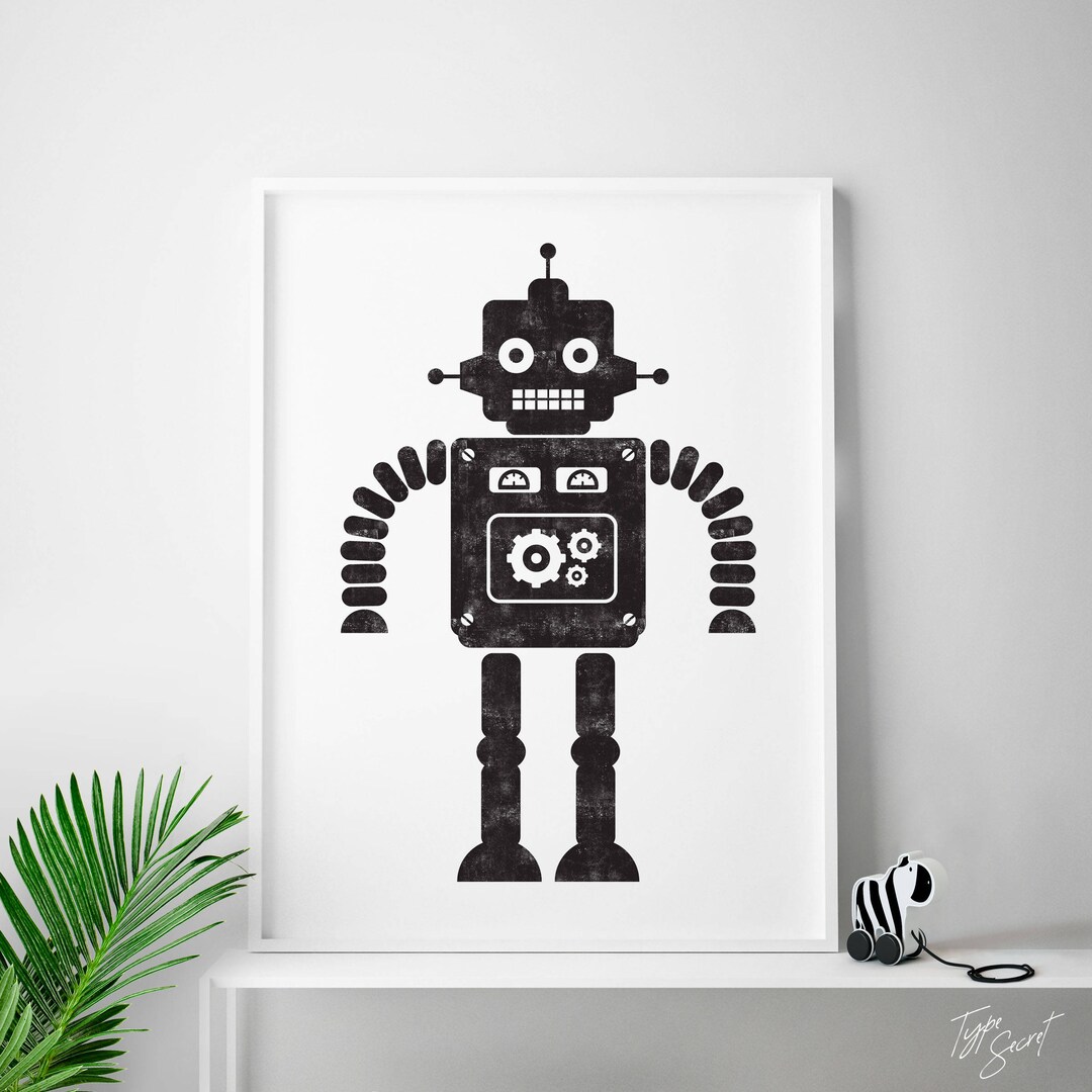 Robot Print, Cute Robot, Black and White, Robot Art, Boys Room Decor ...