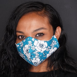Turquoise and White Floral Print Washable Reusable Face Mask, Double ...