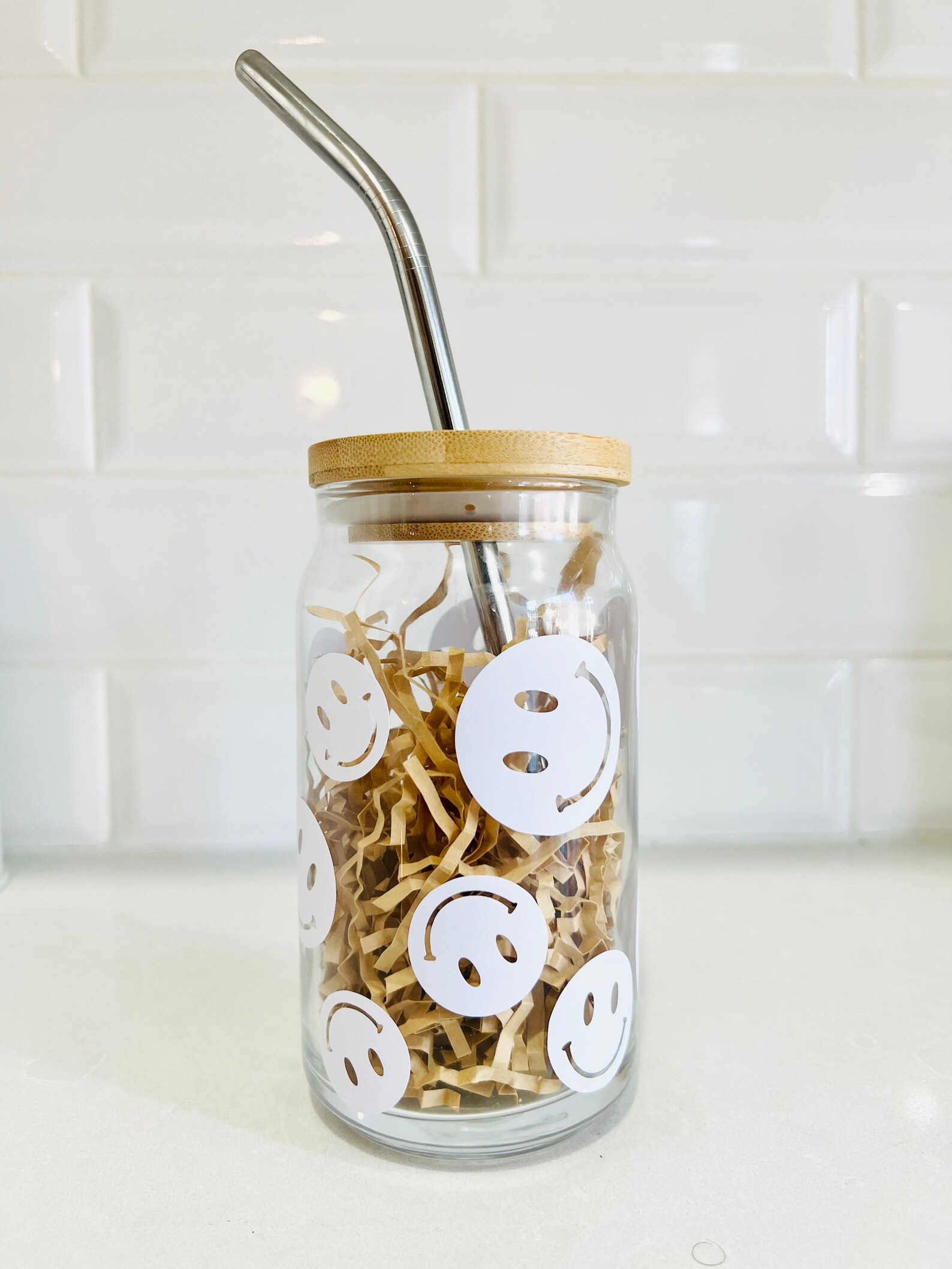 Smiley Face Iced Coffee Glass Cup With Bamboo Lid and Reusable Metal ...